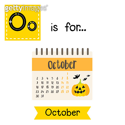 Cute children ABC alphabet O letter tracing flashcard of October month ...
