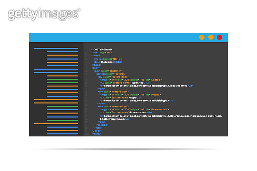 HTML code website. Coding, programming concept. Vector illustration. (882818136) - 게티이미지뱅크