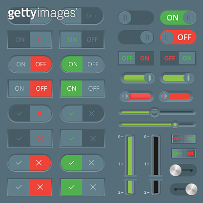Set of colorful toggle switch icons. Switch buttons. On and Off position. Vector user interface ...