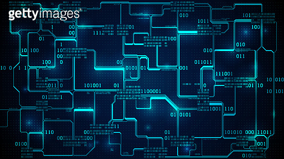 Abstract futuristic electronic circuit board with binary code, neural network and big data - an ...