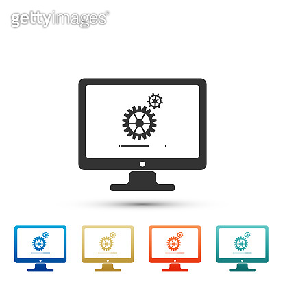 Monitor update process with gearbox progress and loading bar icon isolated on white background ...
