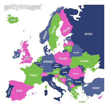 Political map of Europe continent in four colors with white country ...