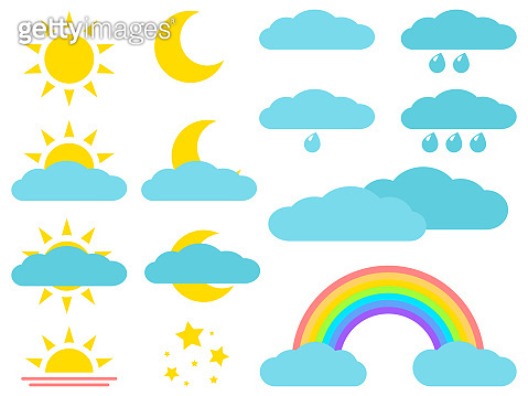 Weather icons: sun, moon, cloud, rain, rainbow. Vector illustration ...