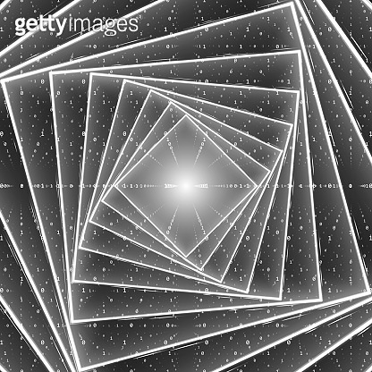 Vector data flow visualization. Square twisted glowing tunnel of grayscale big data flow as ...