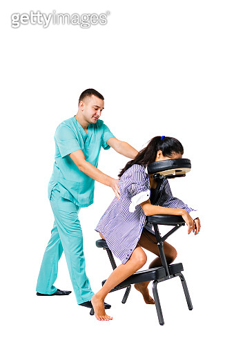 Theme Massage And Office Male Therapist With Blue Suit Doing Back And Neck Massage For Young
