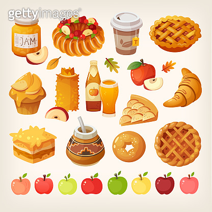 Big variety of apples icons and different kinds of baked food cooked ...