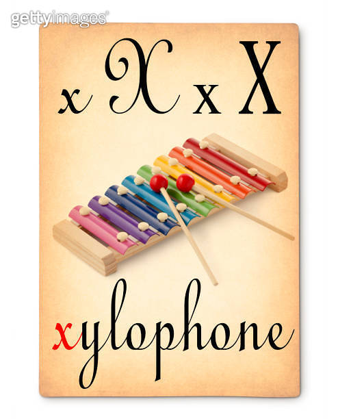 Letter X - Xylophone. Vintage alphabet flash card. (996380502) - 게티이미지뱅크