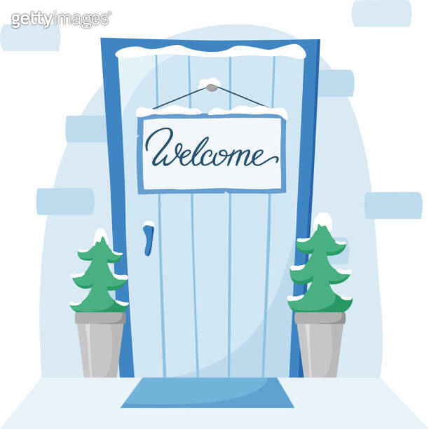Front door with welcome sign in winter, door with Christmas trees in ...