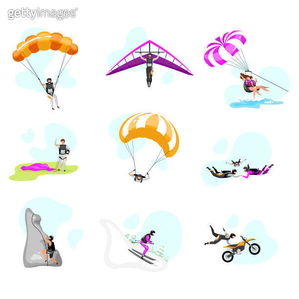 Extreme sport flat vector illustrations set. Couple paragliding ...