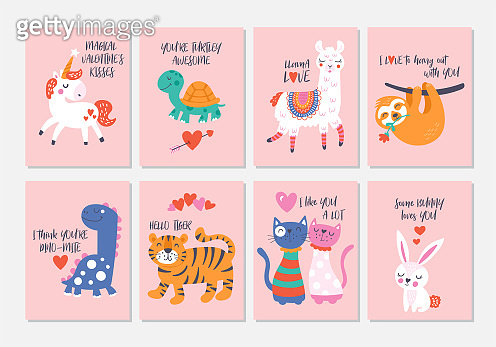 Valentine's day cute animals set with llama, sloth, unicorn, cats ...