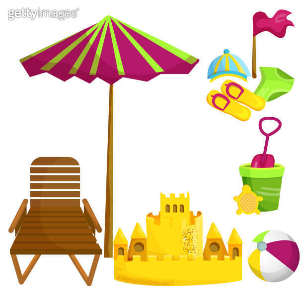 Sand Castle Clip Art Set: castle, children's bucket,beach lounger ...