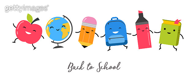 Back to school, happy school supplies are walking and jumping together ...