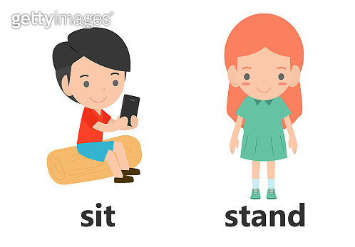 Opposite words sit and stand vector illustration, Opposite English ...