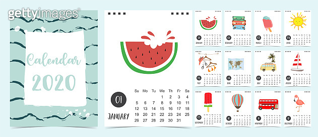Doodle pastel 2020 calendar set with travel,watermelon,flamingo for ...