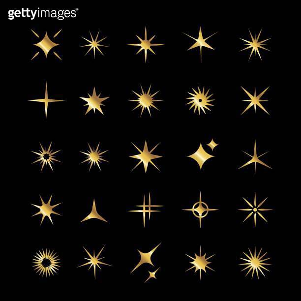 Set of golden star, sparkle icons. Collection of bright fireworks, twinkles, shiny flash ...