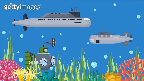 Underwater submarines boats vector illustration banner. Deep sea ...
