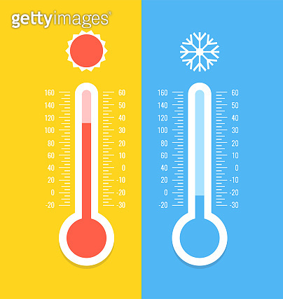 Thermometer and snowflake, sun icons. Celsius and fahrenheit. Measuring ...