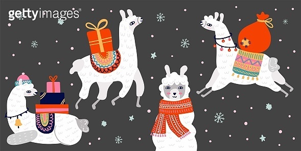 Christmas llama set. Winter llamas in scarf and hat with gifts and ...