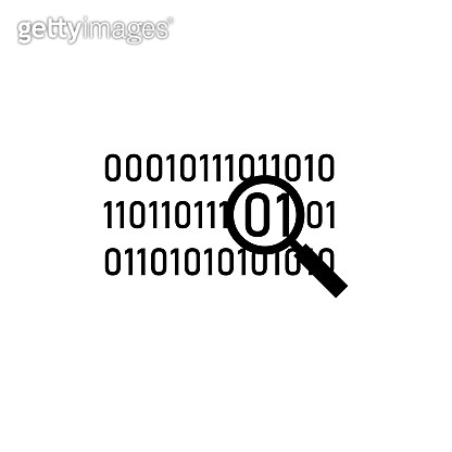 Binary code vector icon data magnifier; computer program isolated illustration of programming ...