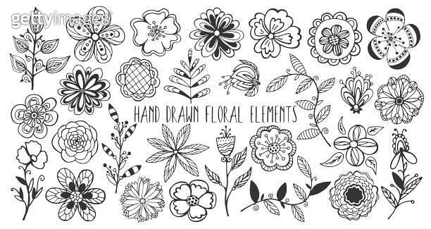 Spring set of floral elements. Hand drawn doodle sketch of blooming ...