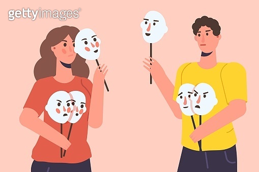 Fake emotion, play a role concept. Character holds masks with different ...