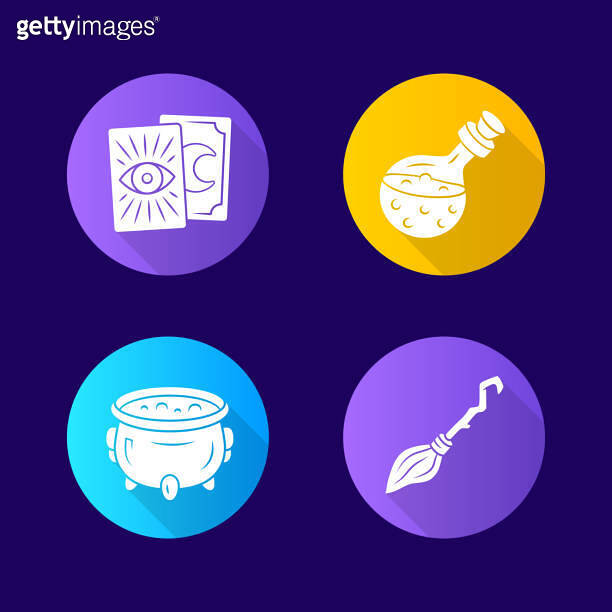 Magic flat design long shadow glyph icons set. Tarot cards, potion ...