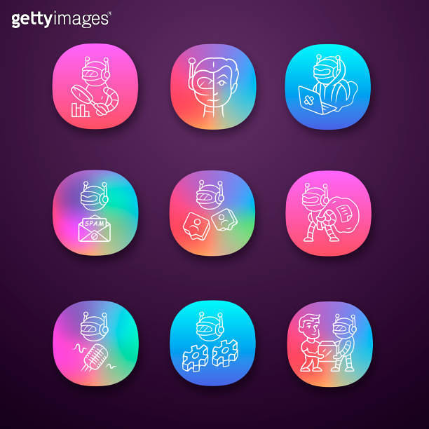 Internet bots app icons set. Hacker, spam, impersonator, monitoring, work, scraper robots ...