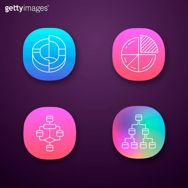 Diagrams app icons set. Planning, process flow. Statistics data visualization. Symbolic ...