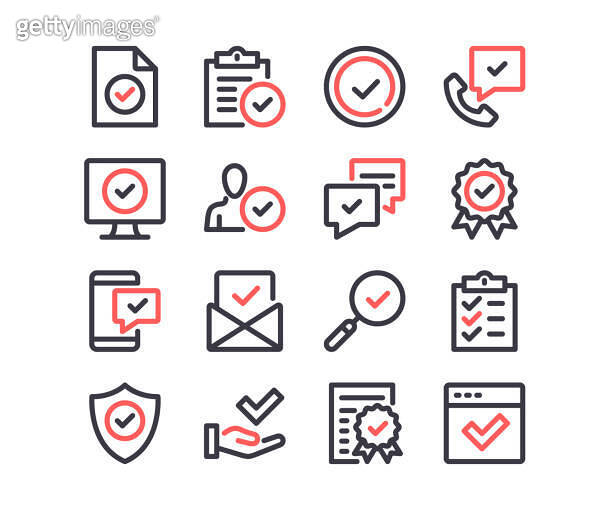 Check marks line icons set. Checkmark, shield and tick, approve, warranty, guarantee, best ...