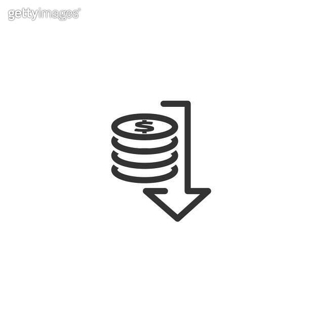 lower cost icon. dollar money decrease symbol with arrow stretching rising drop fall down ...
