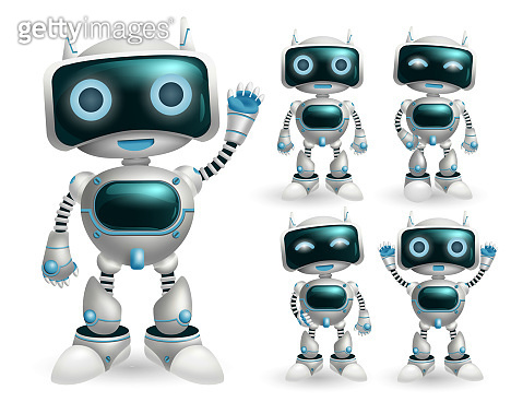 Robot vector character set. Robotic characters in standing pose and gestures in modern design ...