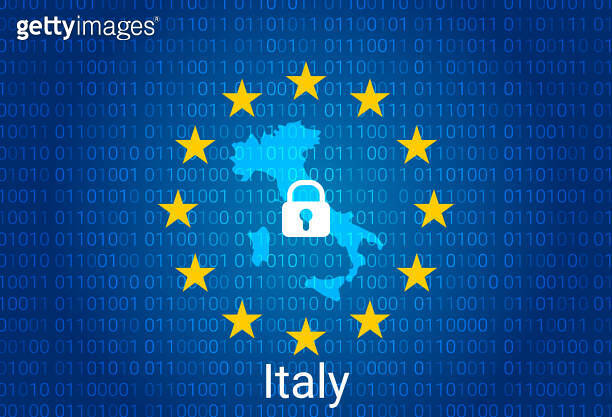 Map of Italy, with lock and binary code background. europe union internet blocking, virus attack ...