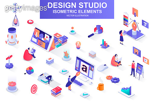 Design studio bundle of isometric elements. Ui UX design, font typography, front end development ...