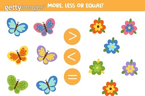 More, less or equal. Comparison of butterflies and flowers. (1220334607 ...