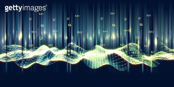 Abstract infographics with wavy glow grid data with bllured lines on blue background. Big data ...