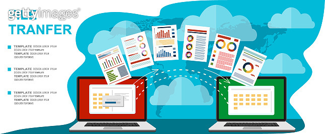 File transfer. Two laptops with folders on screen and transferred documents. Copy files, data ...