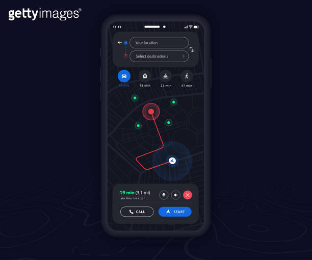 Smartphone map GPS navigation app dark mode ux ui concept, Mobile map application, App search ...