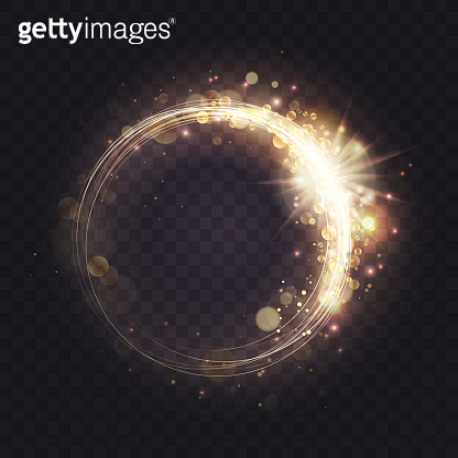 Gold luminous spark ring, light frame effect, glowing swirl lines with sparkling glitter ...