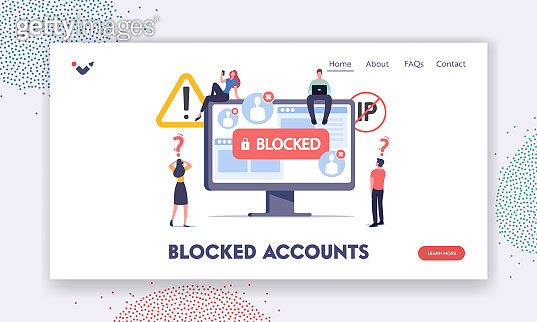 Blocked Account Landing Page Template. Tiny Characters around of Huge Computer Monitor. Blocking ...