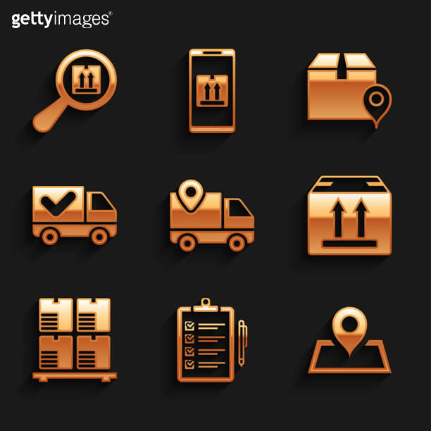 Set Delivery tracking, Verification of delivery list, Placeholder map, Cardboard box with ...