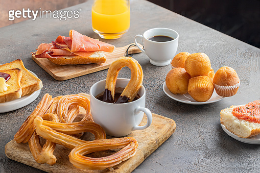 Different Spanish breakfast, tortilla, bruschetta with jamon (cured ham ...