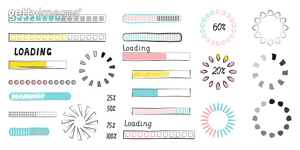 Loading progress bar vector style in doodle style. Updated progress circle bar icons. Loader ...