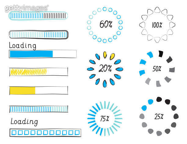 Loading progress bar vector style in doodle style. Updated progress circle bar icons. Loader ...