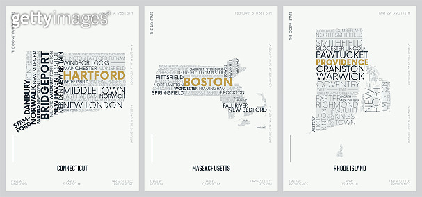 Typography composition of city names, silhouettes maps of the states of ...