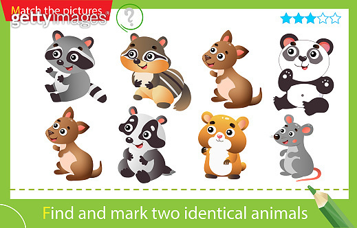 Find and mark two identical animals. Puzzle for kids. Matching game ...