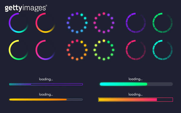 Loading bar set on dark backdrop. Waiting symbol visualization. Gradient progress lines and ...