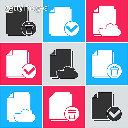 Set Delete file document, Document and check mark and Cloud storage text document icon. Vector ...