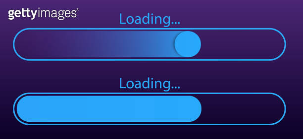 Loading bar set on dark backdrop. Progress visualization. Color gradient lines. Loading status ...