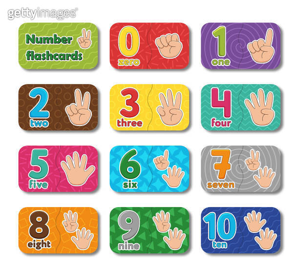 Children's educational flashcards with numbers. Counting on the fingers ...