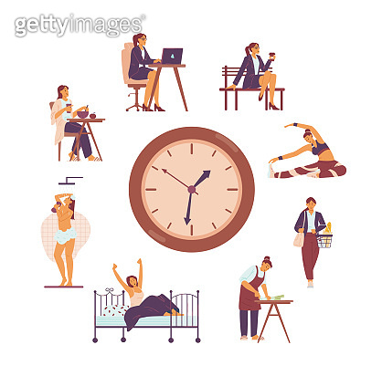 Clock with set of daily woman routine from morning to night a vector ...